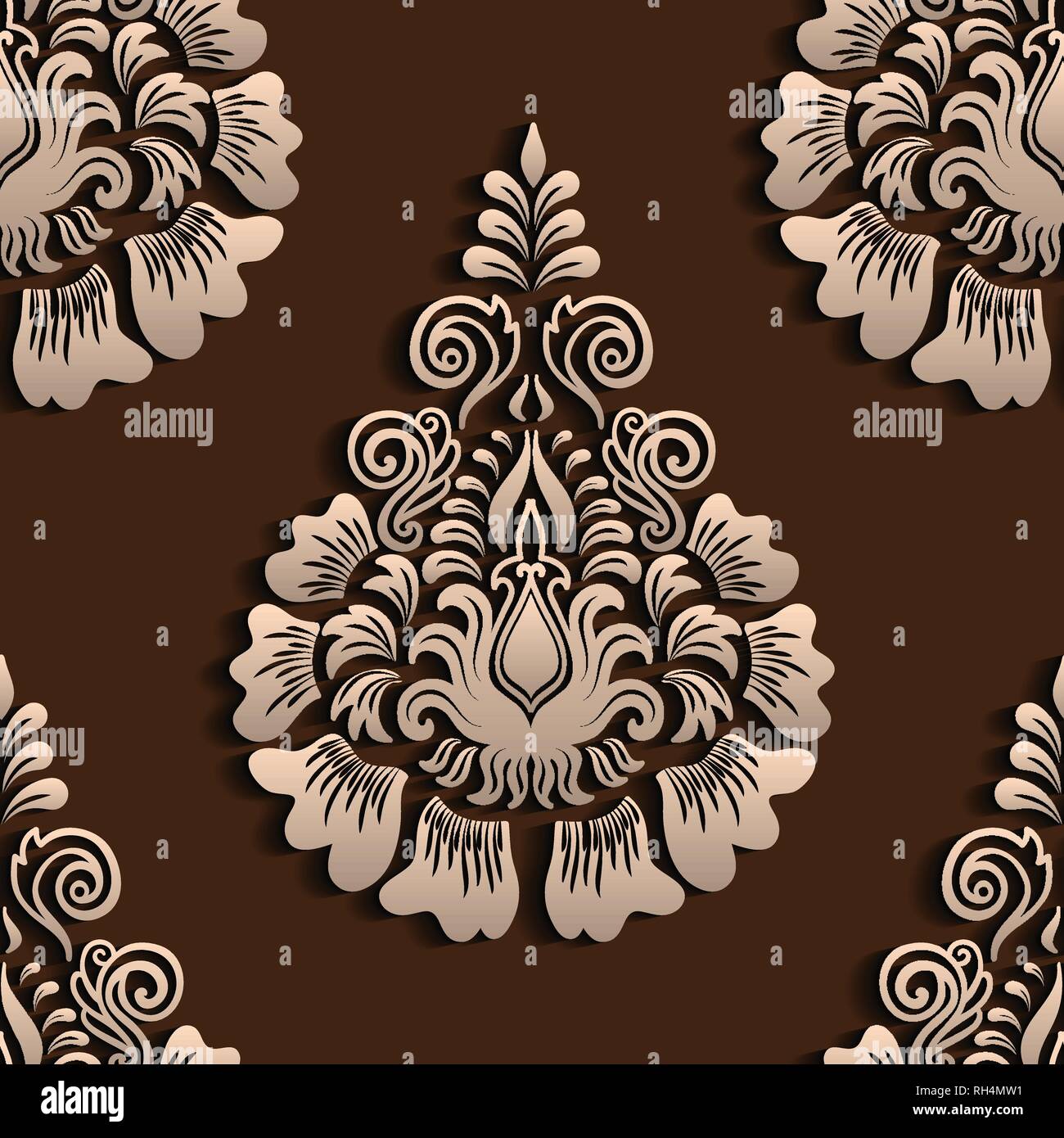 3D dark Paper cut, Vector damask seamless pattern. Elegant luxury ...