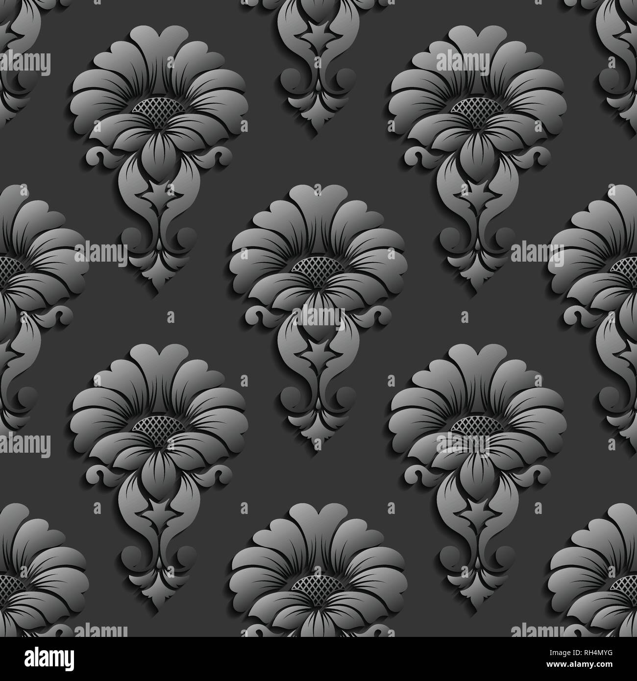 3D dark Paper cut, Vector damask seamless pattern. Elegant luxury ...