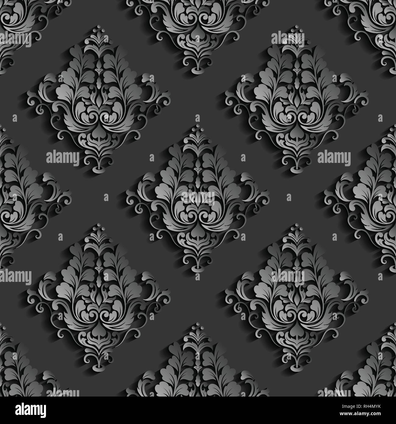 3D dark Paper cut, Vector damask seamless pattern. Elegant luxury ...