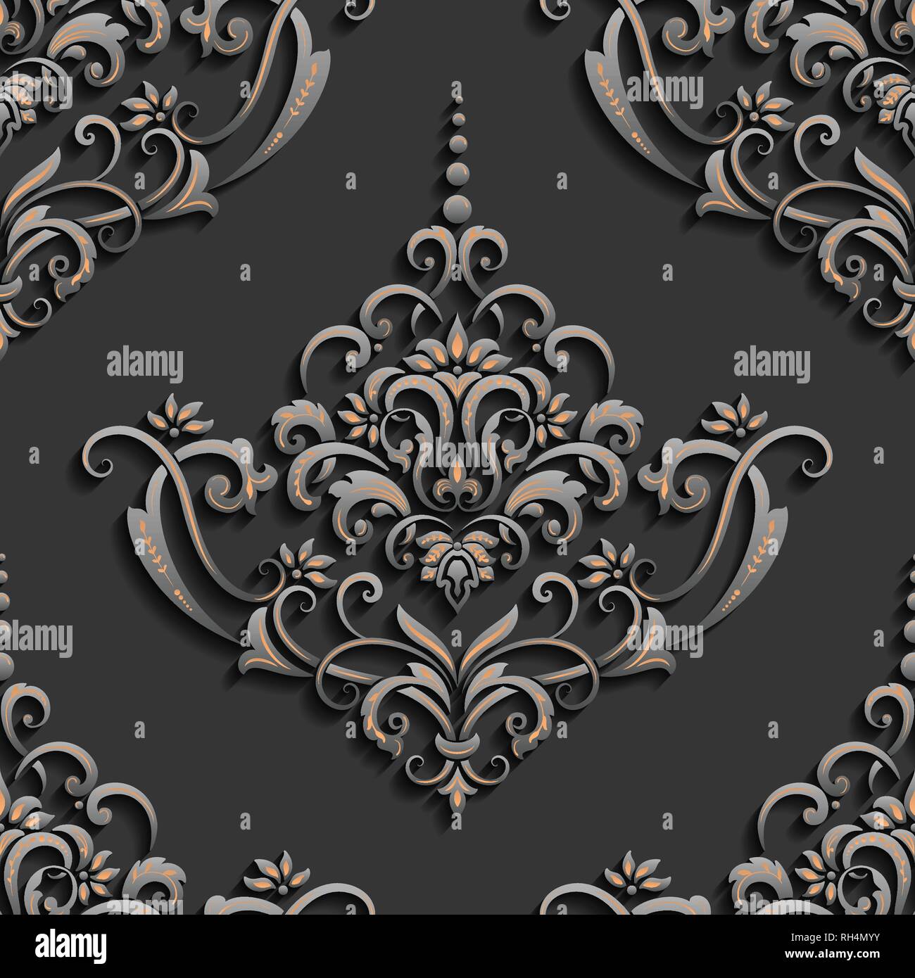 3D dark Paper cut, Vector damask seamless pattern. Elegant luxury ...