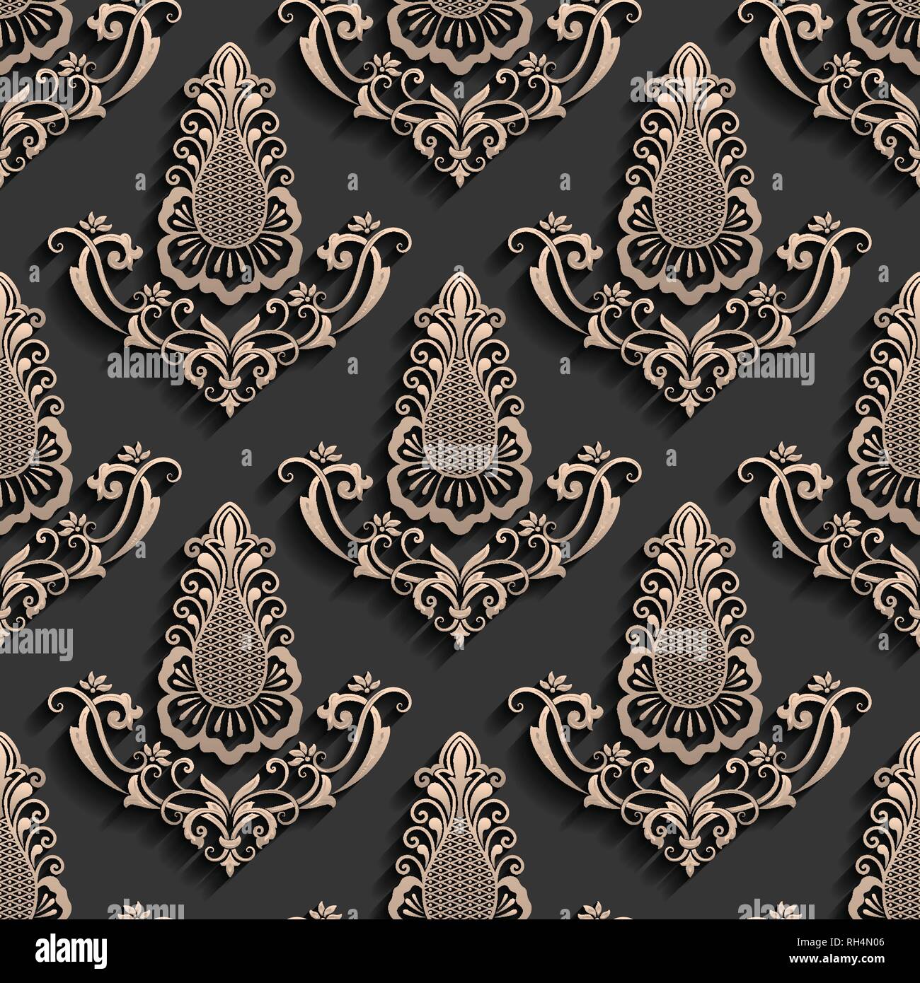 3D dark Paper cut, Vector damask seamless pattern. Elegant luxury ...