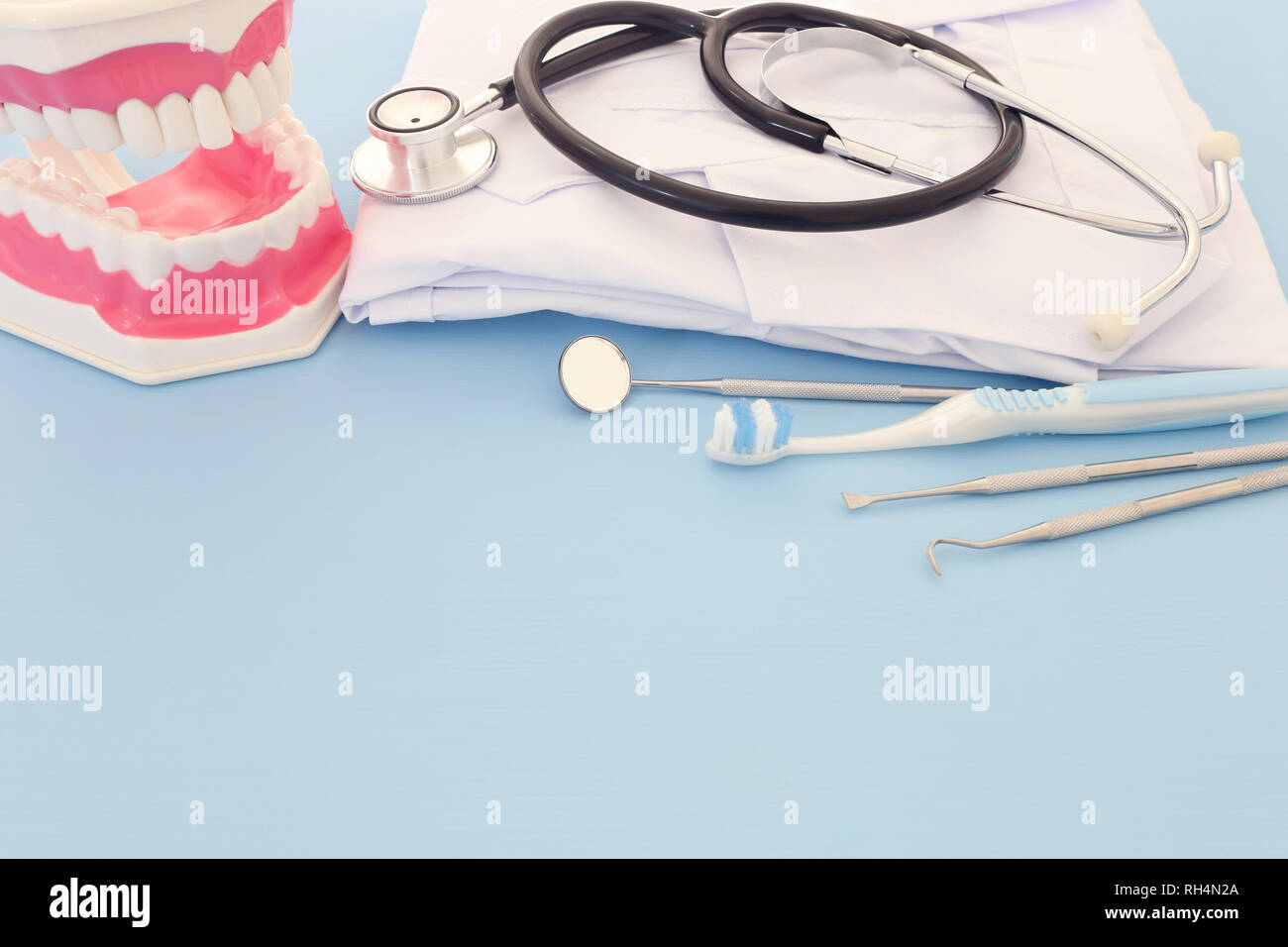 Dental care tools use for dentist and plastic teeth model in the clinic ...