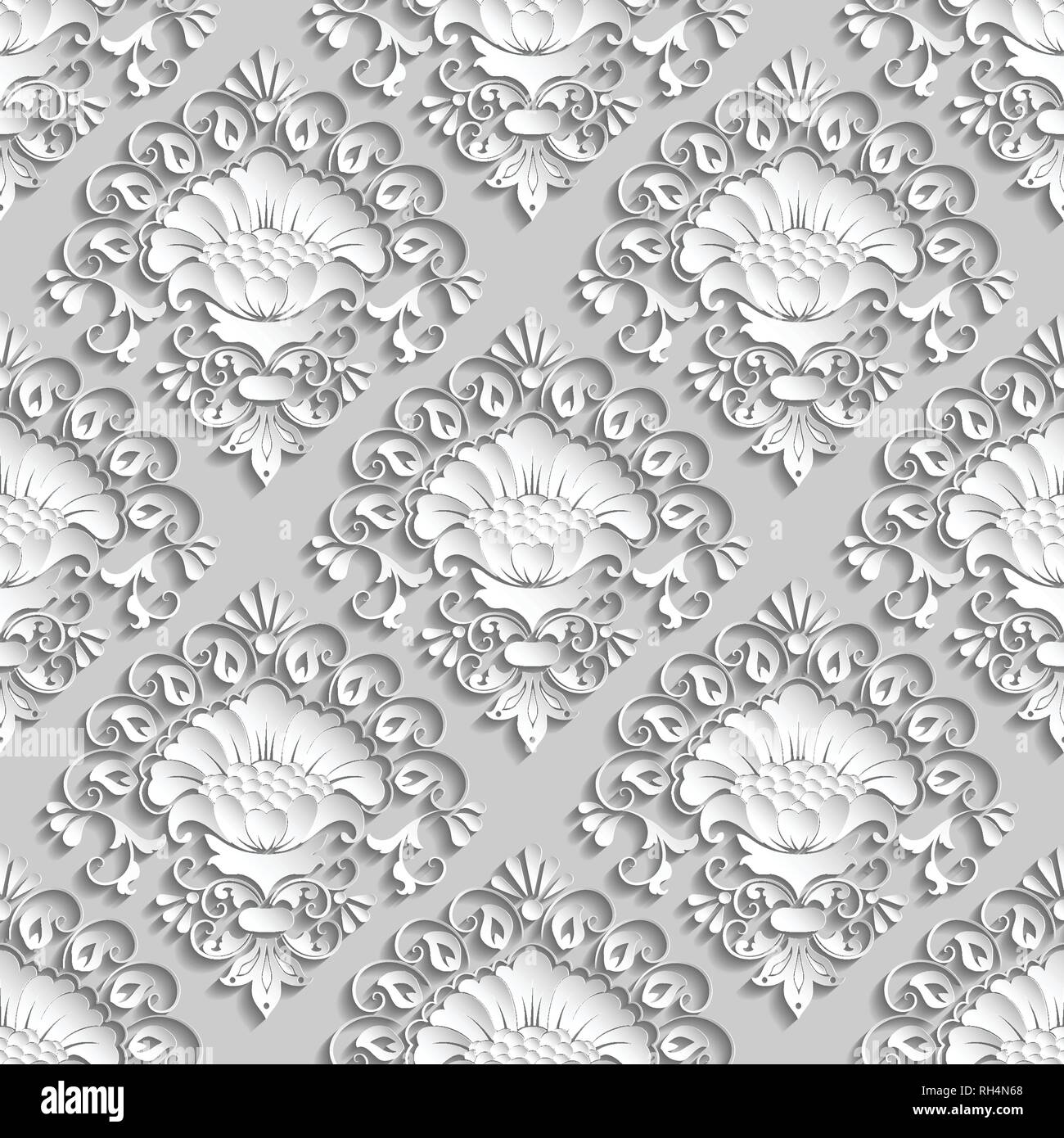 3D white pattern Paper cut, Vector damask seamless pattern Elegant ...
