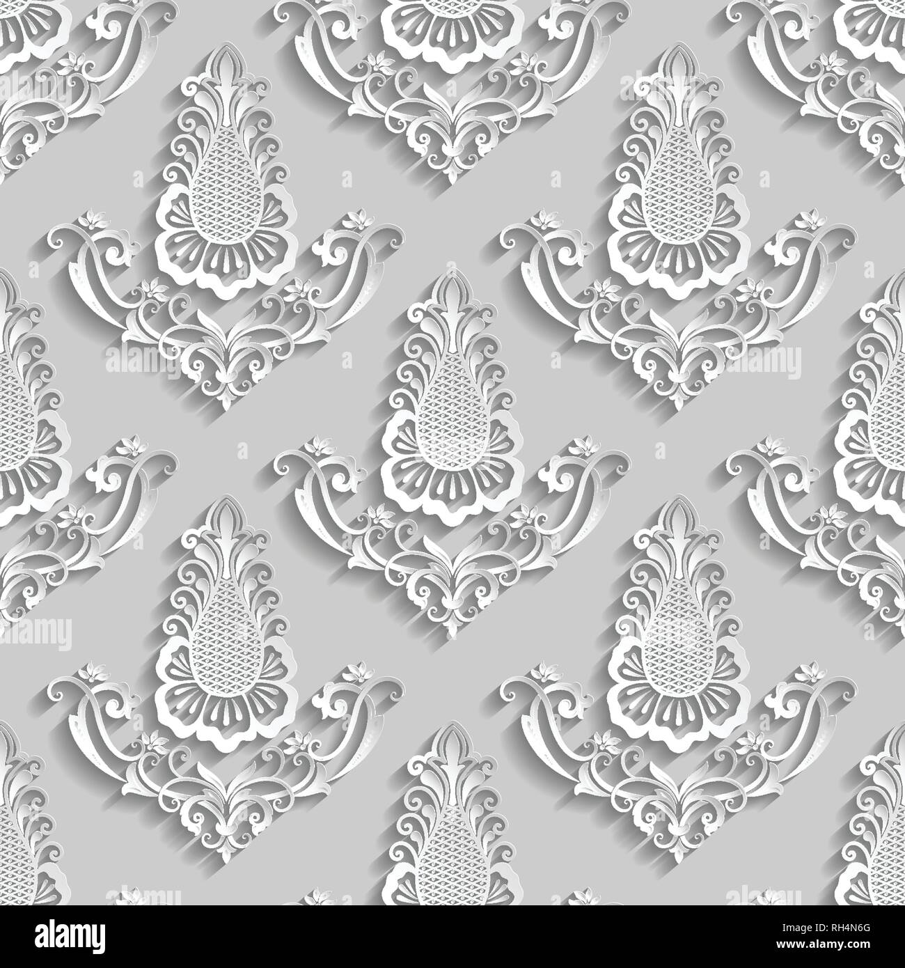 3D white pattern Paper cut, Vector damask seamless pattern Elegant ...