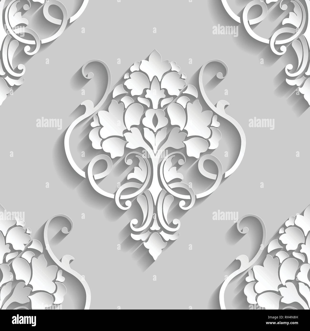 3D white pattern Paper cut, Vector damask seamless pattern Elegant ...