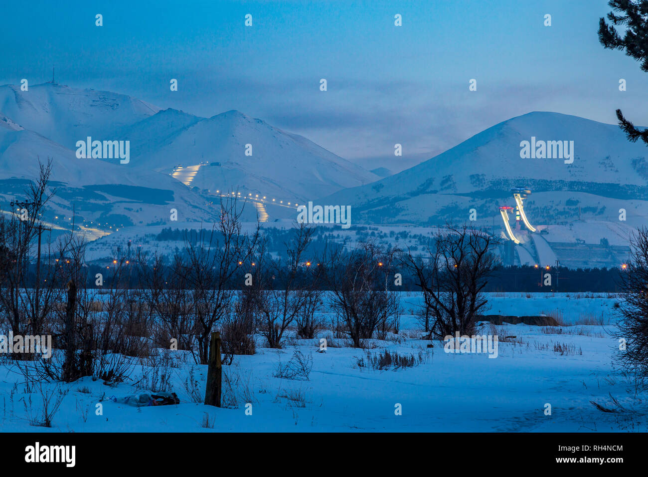 Palandoken mountain with ski resort lights at night in Erzurum, Turkey ...