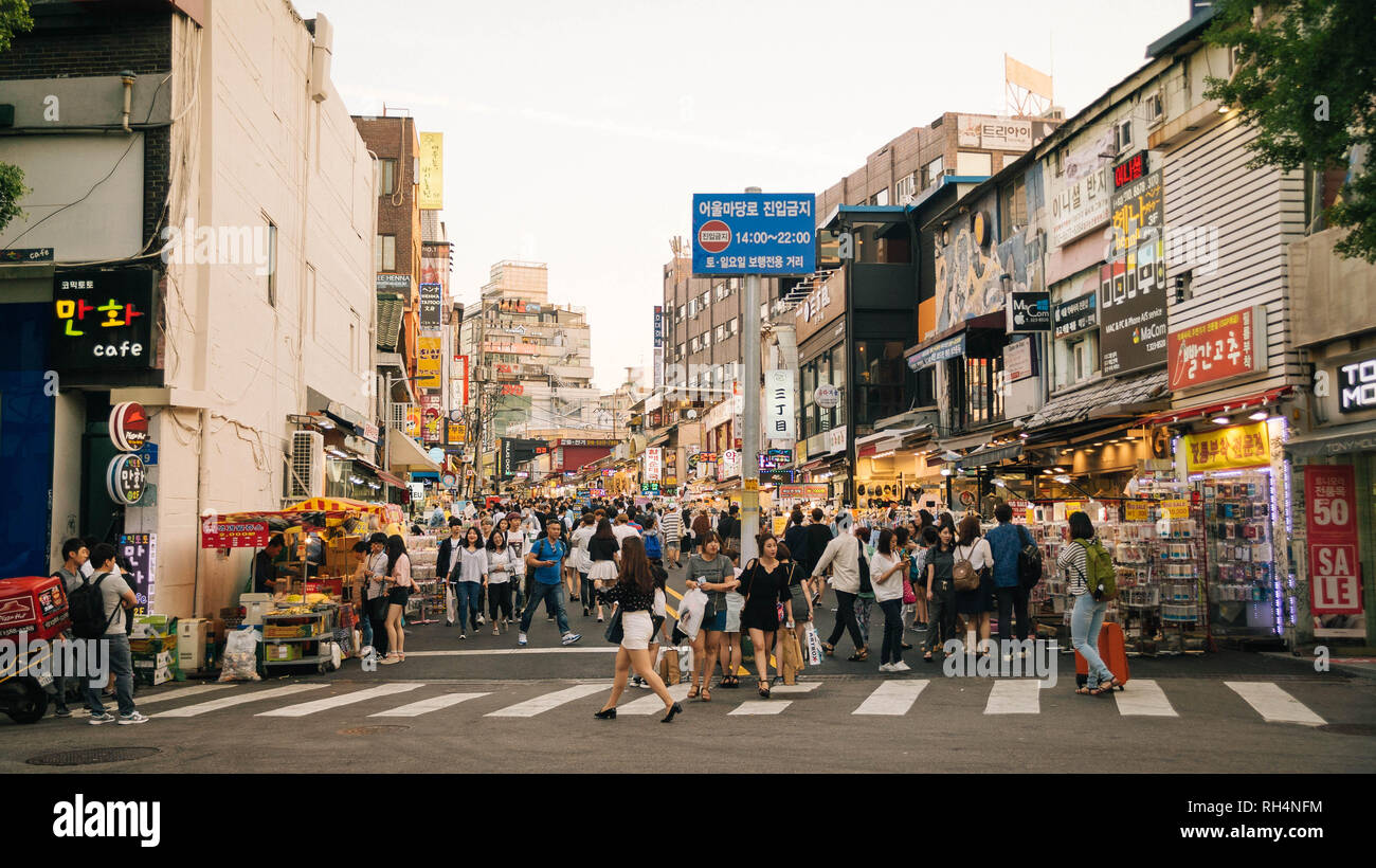 A crowd of people on the streets of Hongdae, South Korea Stock Photo ...