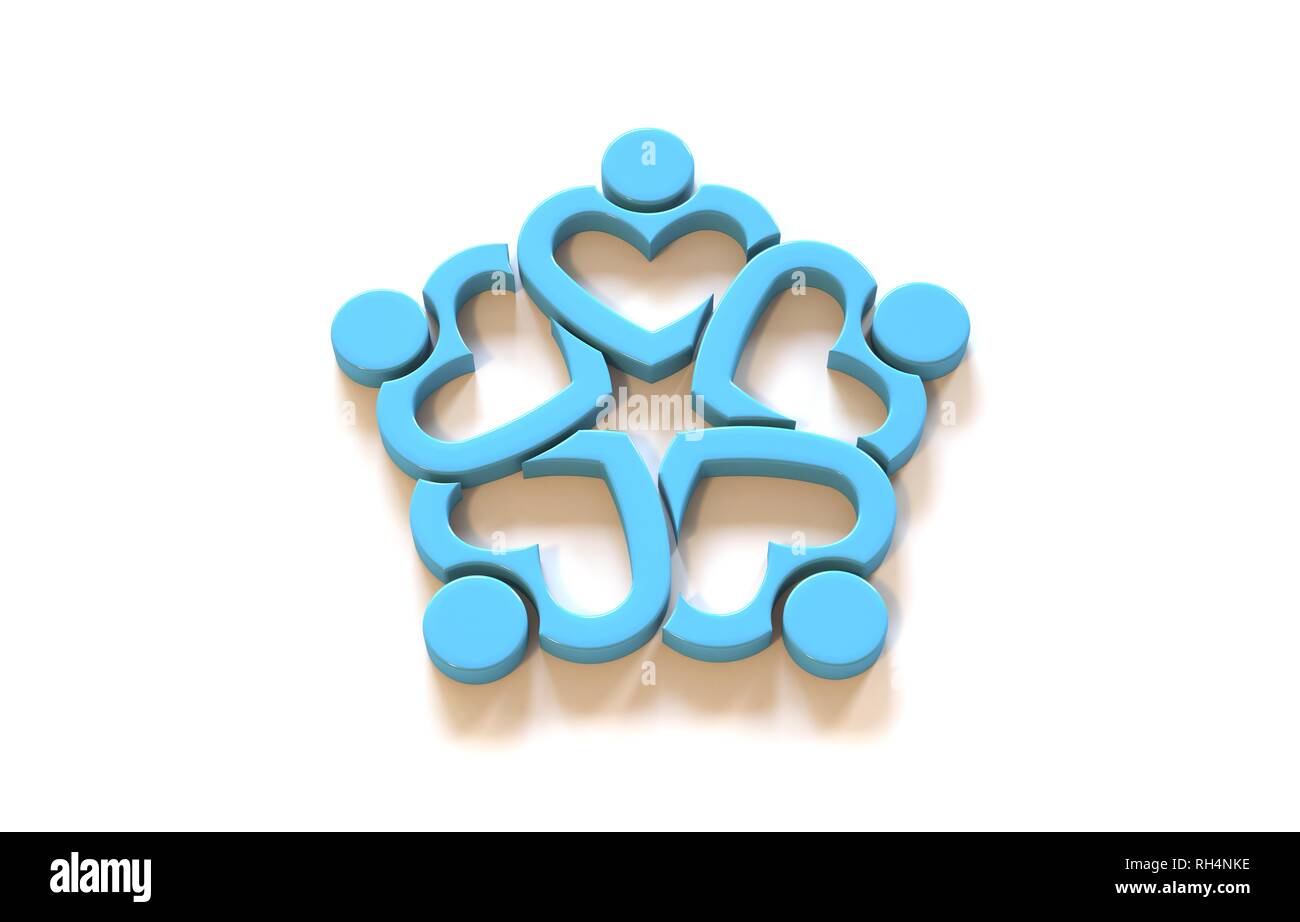 Unusual Heart People logo. Teamwork group of five persons. 3D Render ...