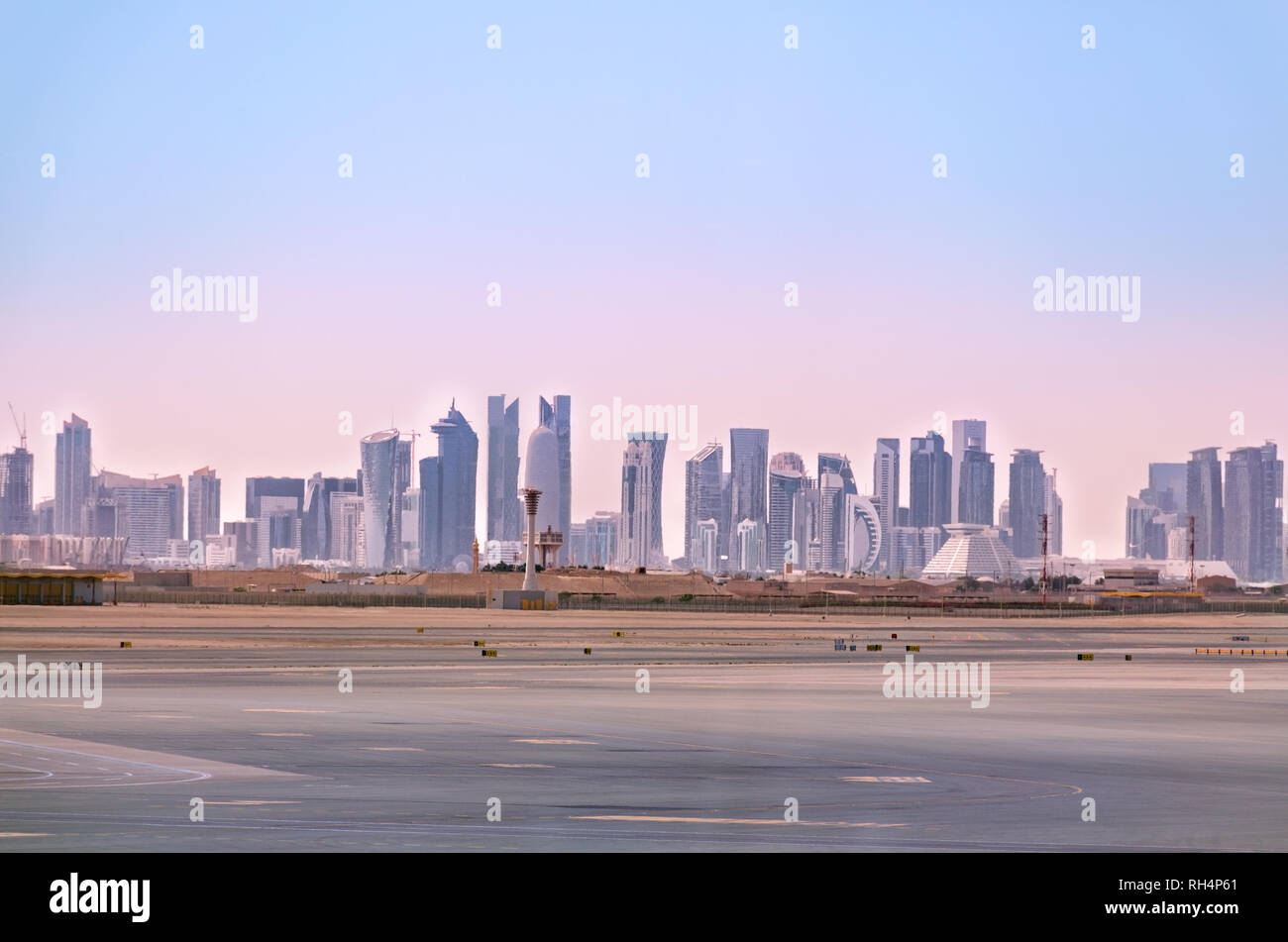 Doha skyline. Cityscape of Qatar capital. View from airport. Futuristic ...