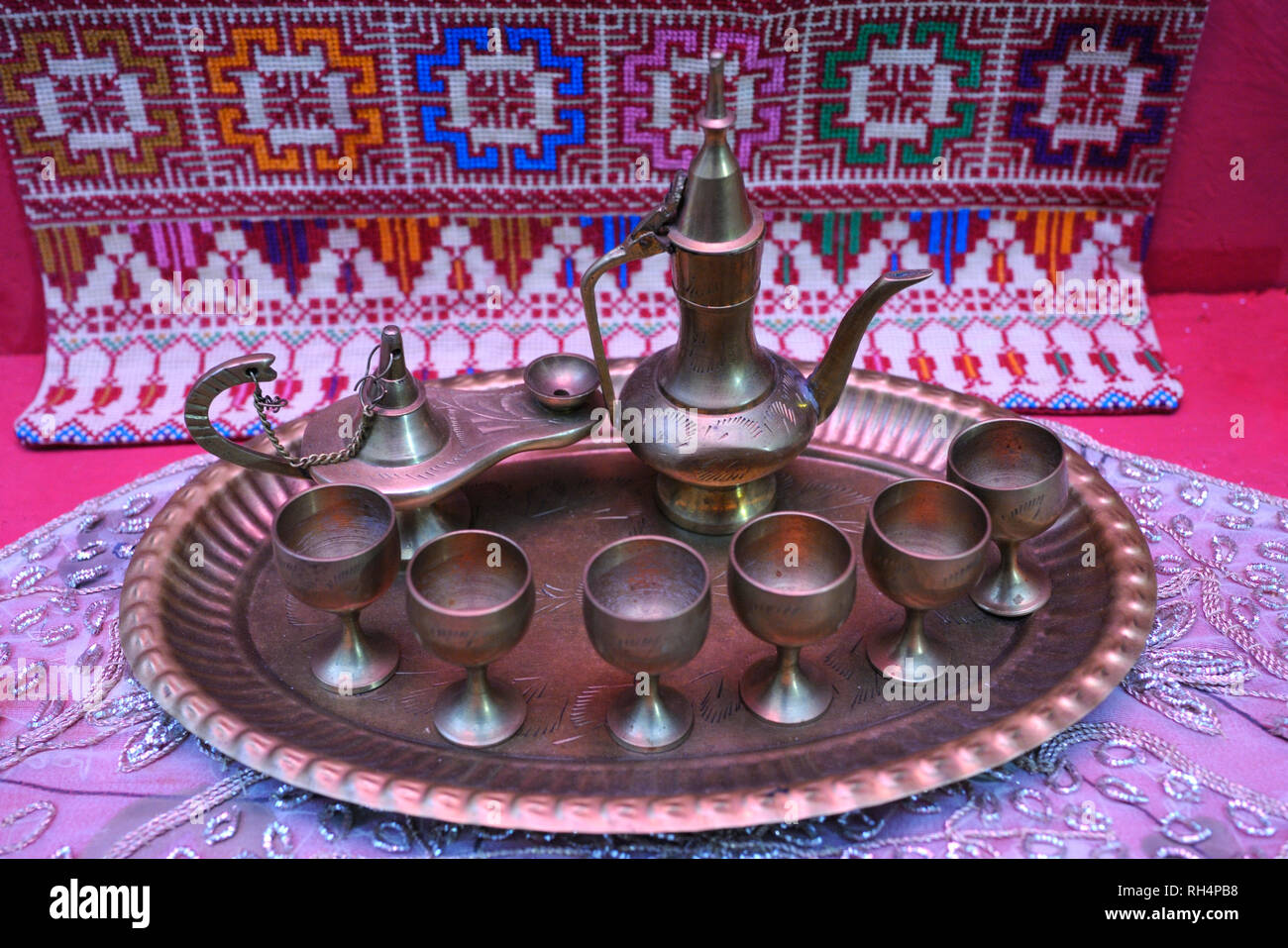 Traditional Palestinian tea set: made of bronze teapots, cups and tray ...