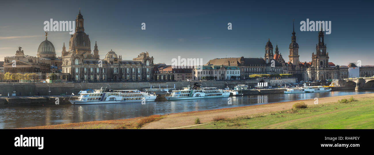 Cityscape of Dresden at Elbe River and Augustus Bridge, Dresden, Saxony ...
