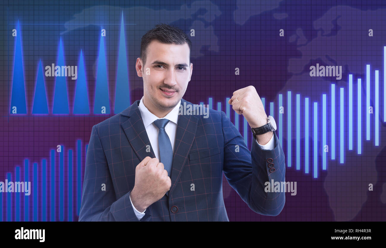 Male broker at stock market wearing suit and tie celebrating success ...