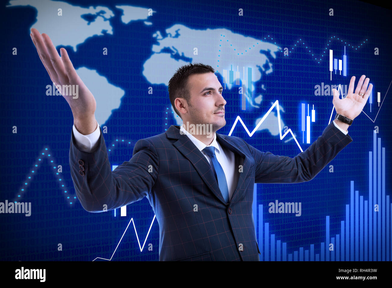 Proud broker man rising hands up as celebration of success gesture on ...