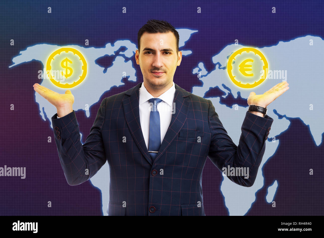 Man working at business stock market holding euro and dollar symbols in ...