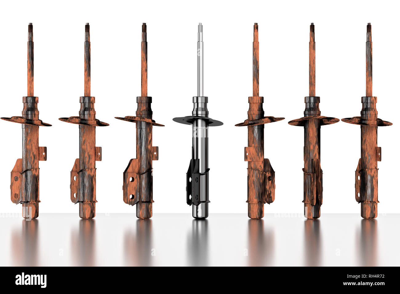 3D rendering. Passenger car Shock Absorber, new and old, rust auto ...