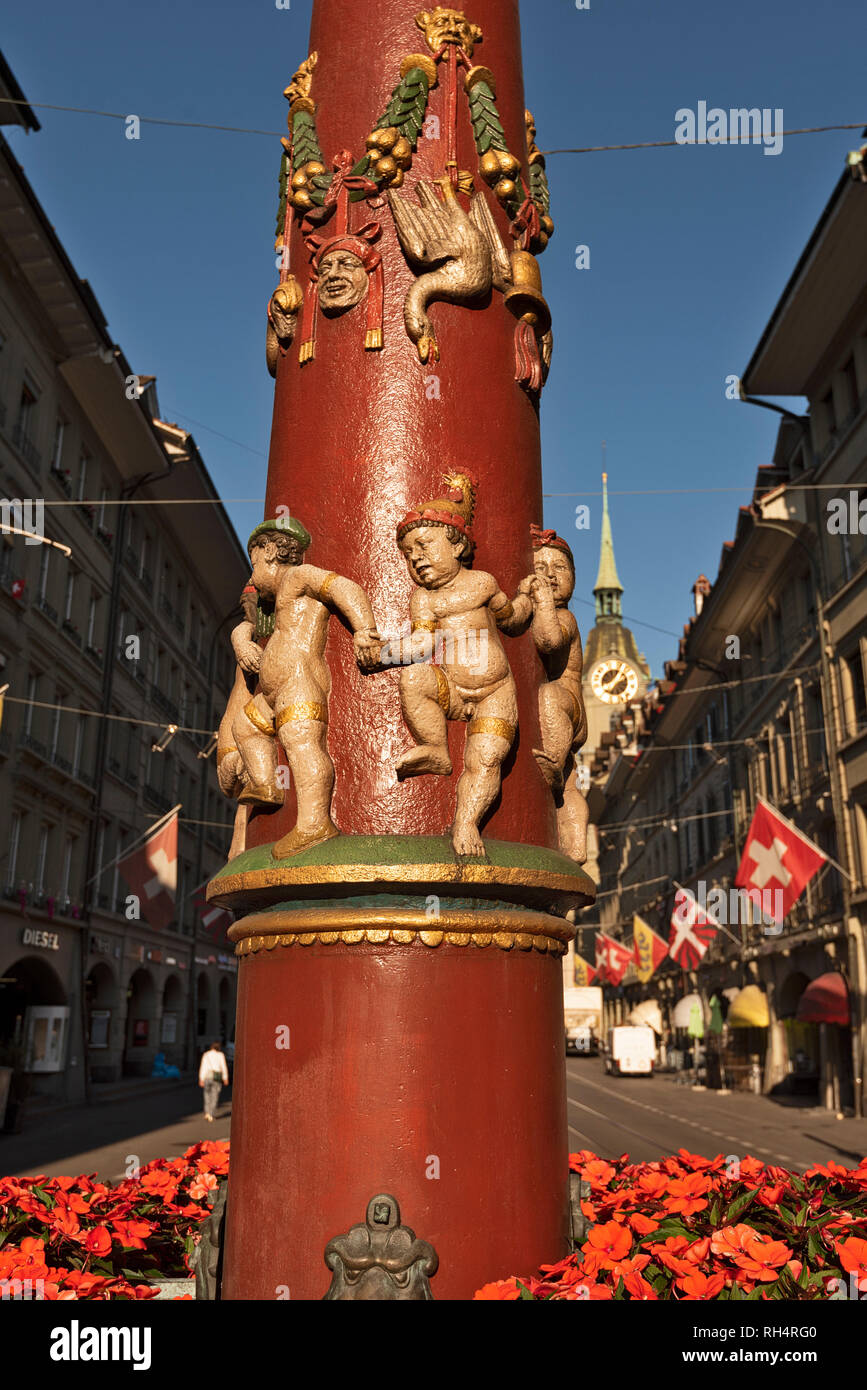 detail of colorful pillar and character adorning the medieval ...