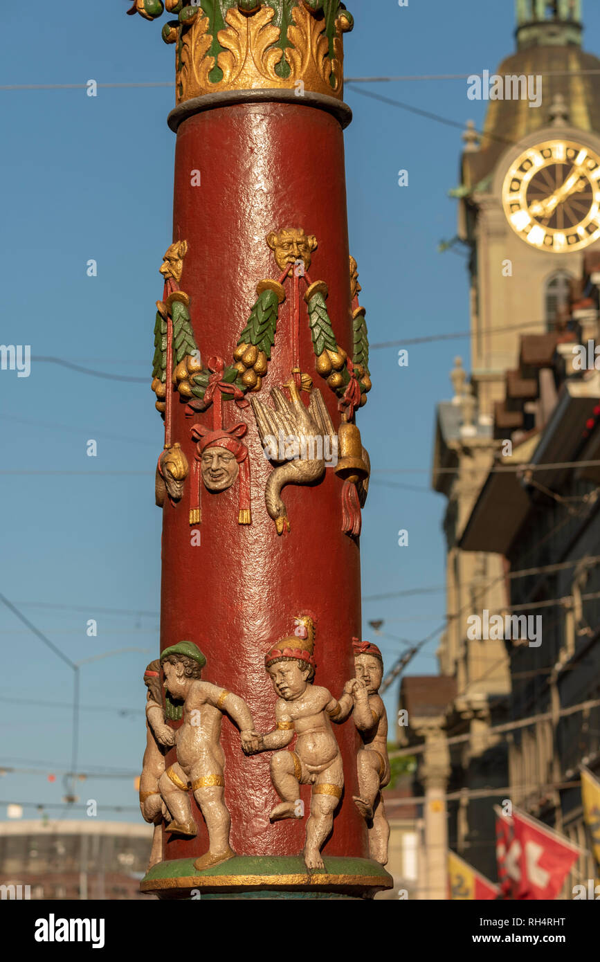 detail of colorful pillar and character adorning the medieval ...