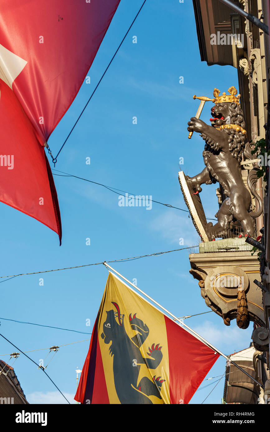 figure of a lion crowned on a wall in the old town of Bern, Switzerland ...