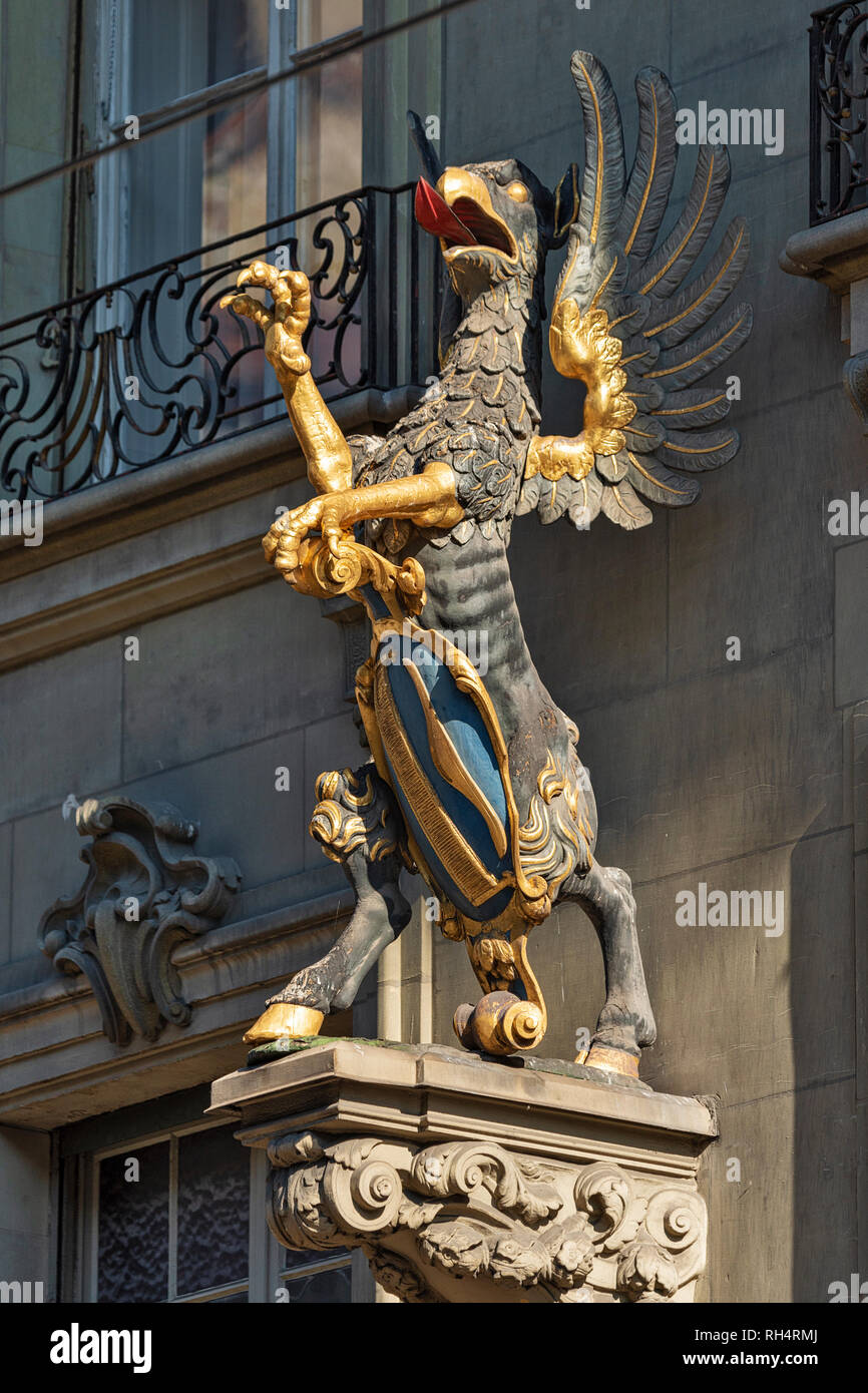 Griffin figures on Market Street in the historic center of Bern ...