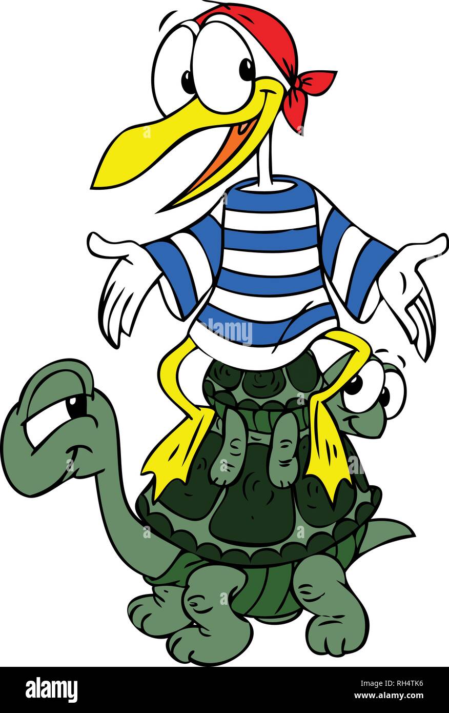 cartoon seagull sitting on top of a turtle vector illustration Stock ...