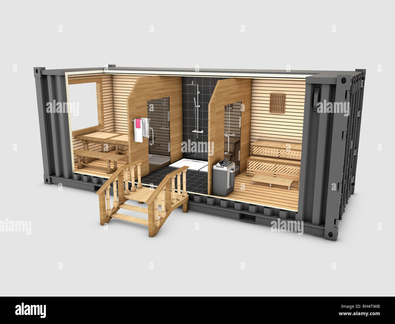 Converted old shipping container into sauna, 3d Illustration isolated ...