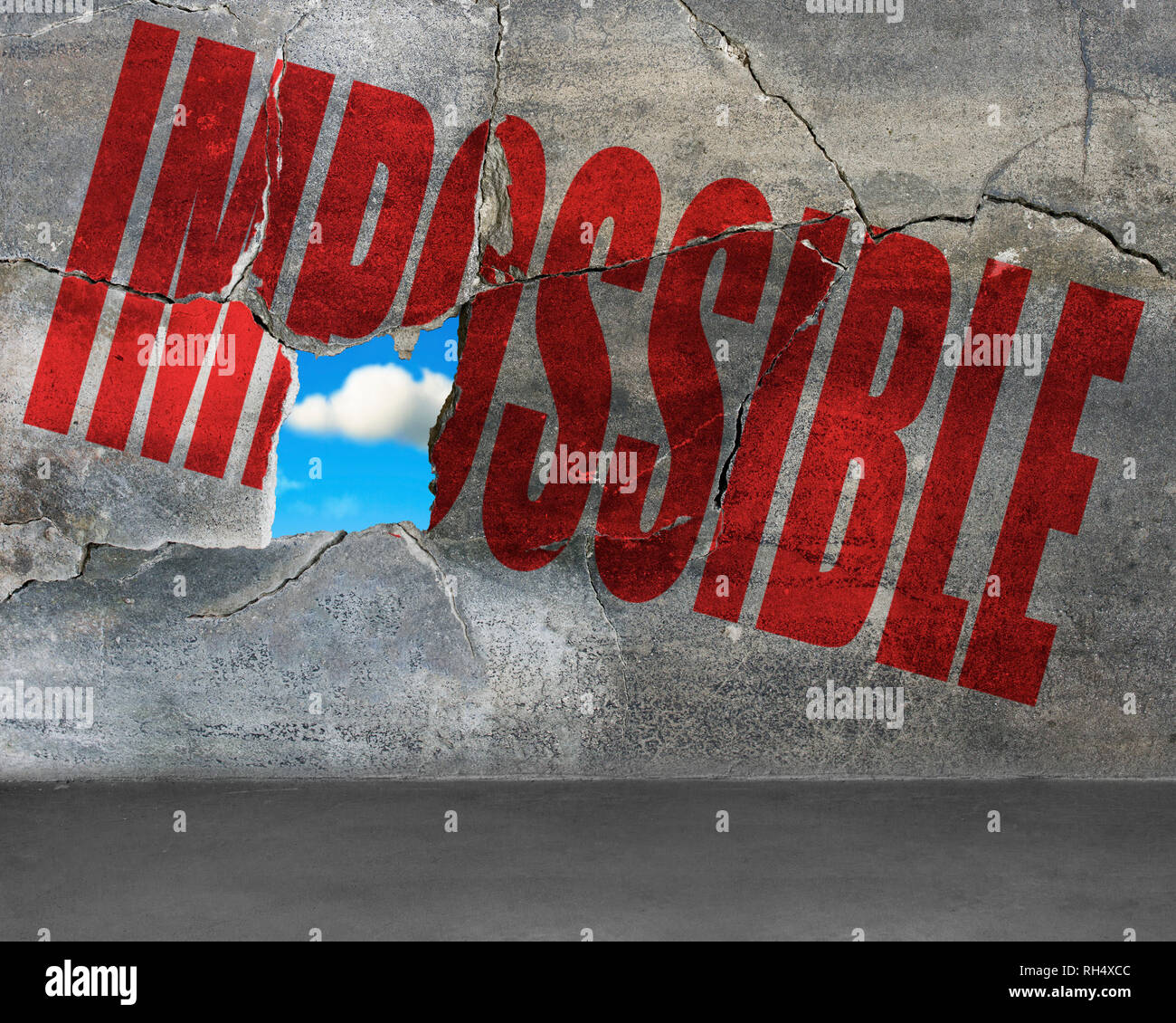 Hole on cracked wall with impossible word on and blue sky outside Stock ...