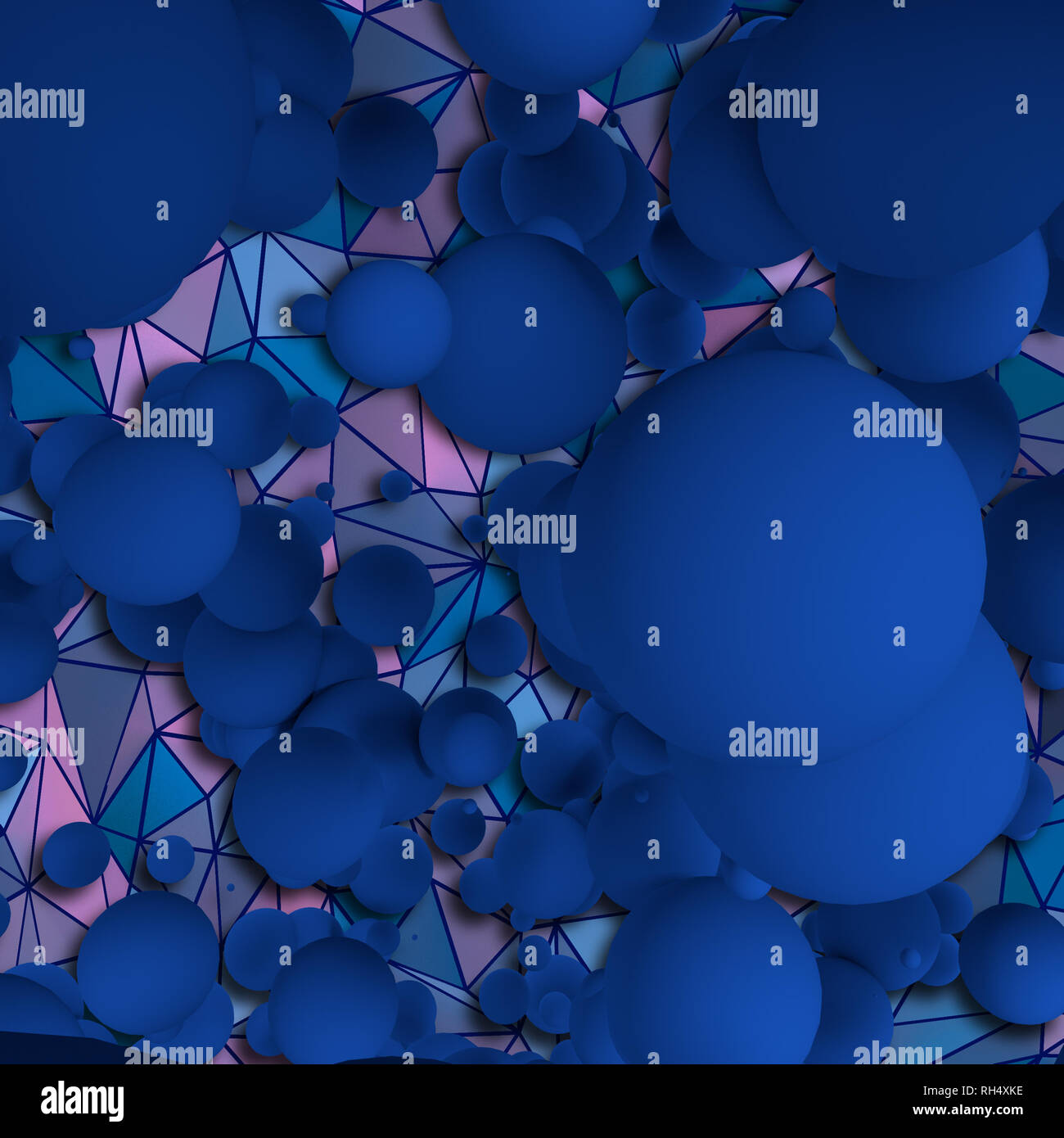 Blank computer generated 3d blue spheres on colored triangle mesh ...