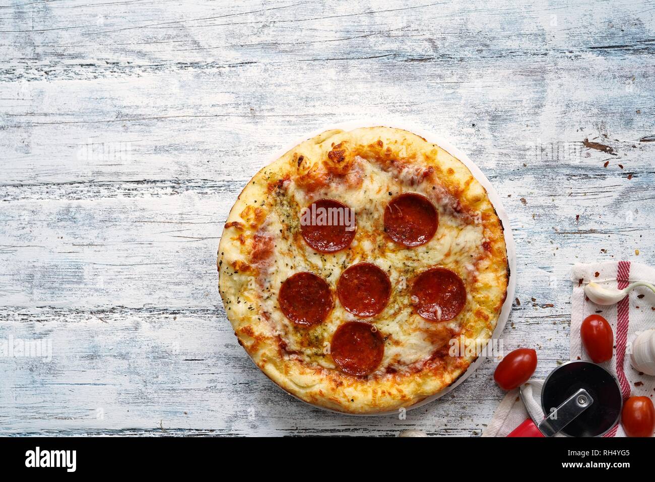 Homemade Pepperoni Pizza, Overhead view Stock Photo - Alamy