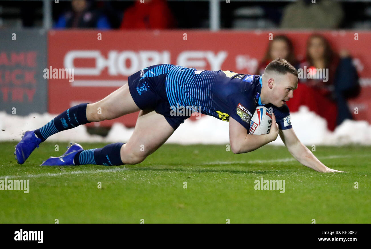 Wigan Warriors' Liam Marshall goes over for a try during the Betfred ...