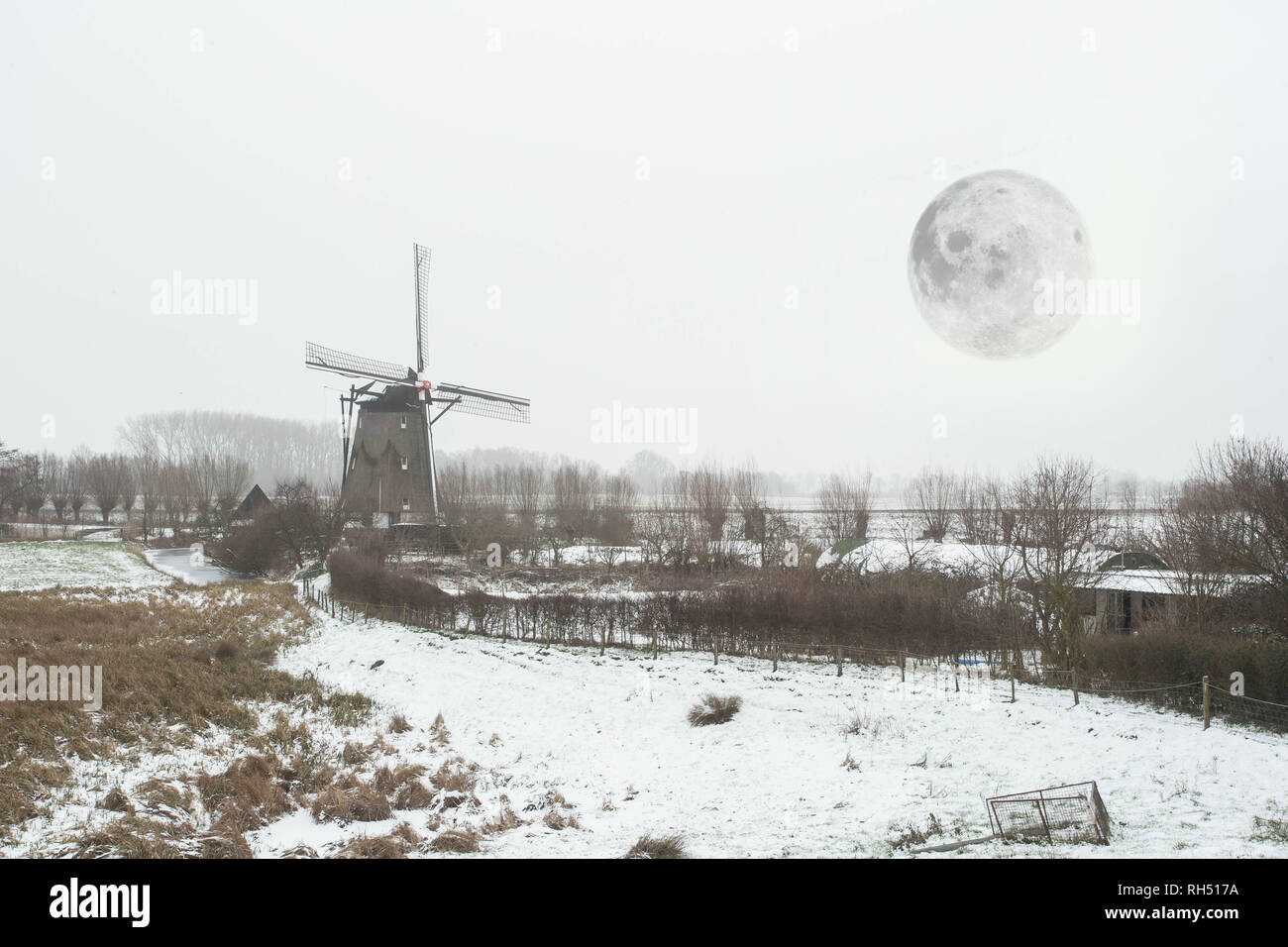 Beautiful Dutch winter windmill landscape with full moon nature Stock ...