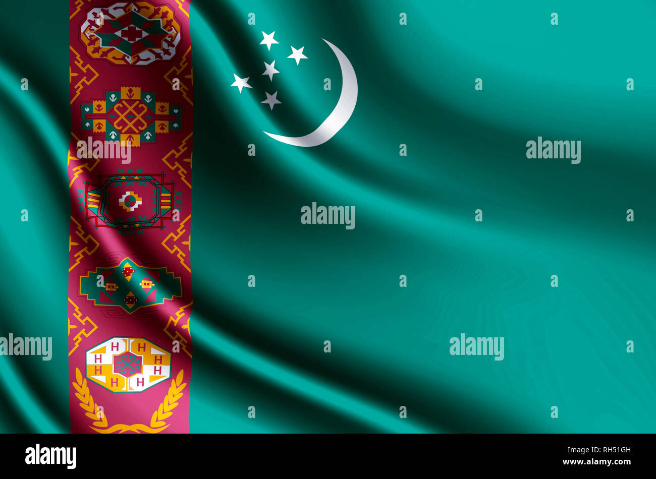 Turkmenistan modern and realistic closeup 3D flag illustration. Perfect ...