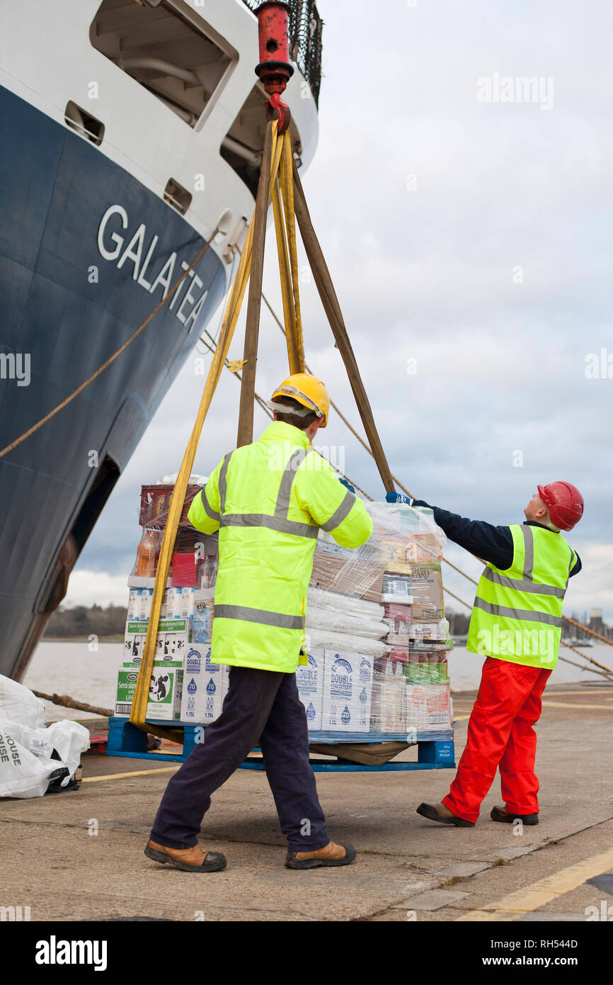 Ship receiving its crew's food and grocery supplies on Harwich quay ...