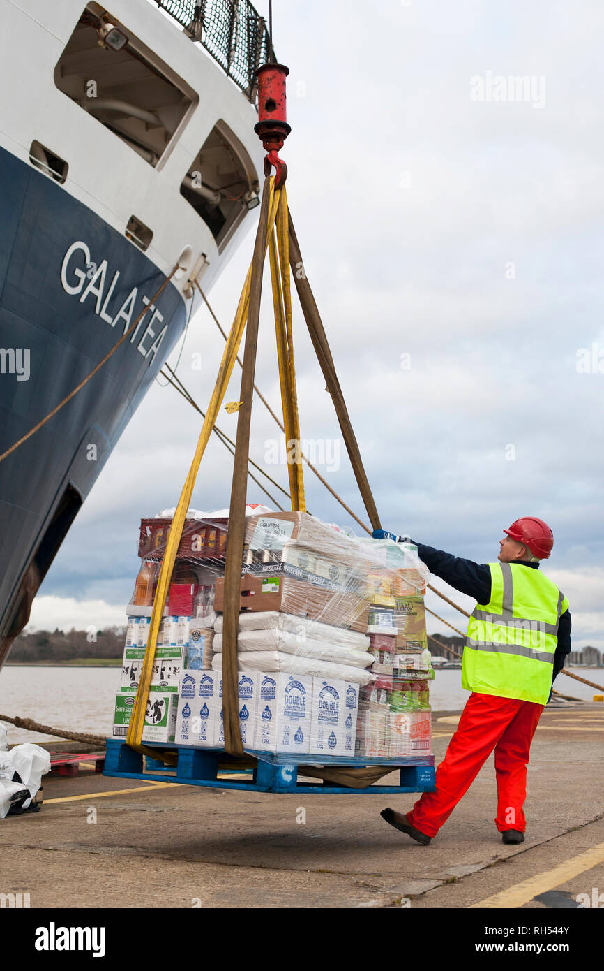 Ship receiving its crew's food and grocery supplies on Harwich quay ...