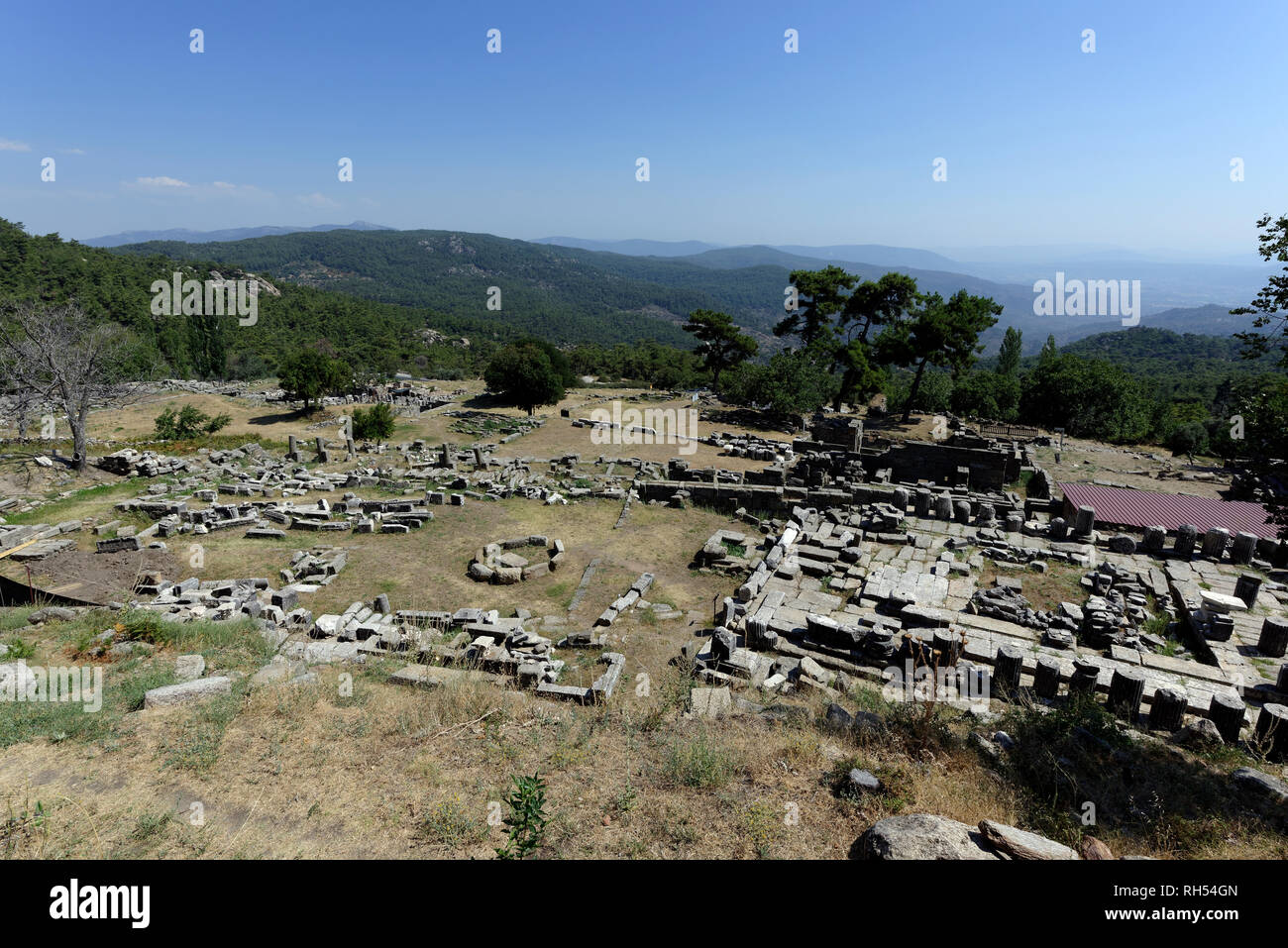 Overview of the ancient sanctuary, with the Temple of Zeus Stratios on ...