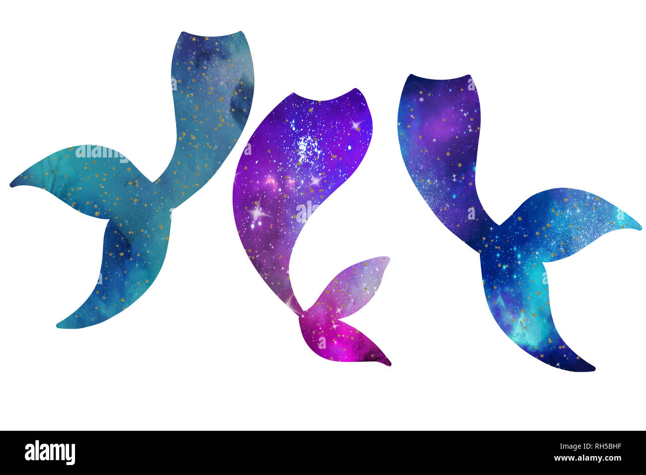 Set of cosmos space mermaid tails hand drawn isolated on white Stock ...
