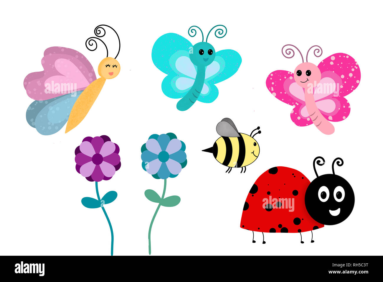 Group of outdoor elements, lady bug, butterflies, bee and flowers ...