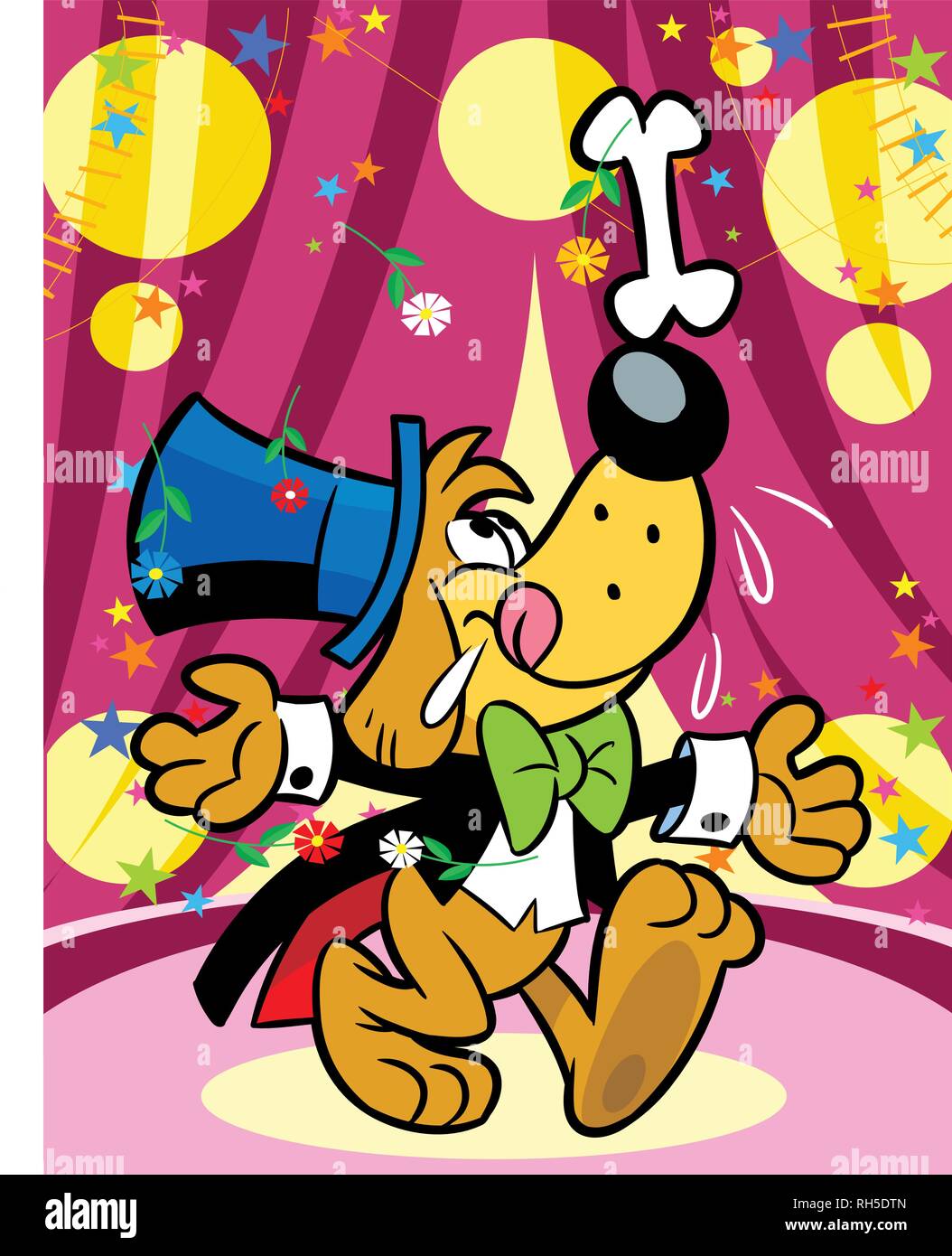 The illustration shows a circus dog that performs acrobatic with bone ...