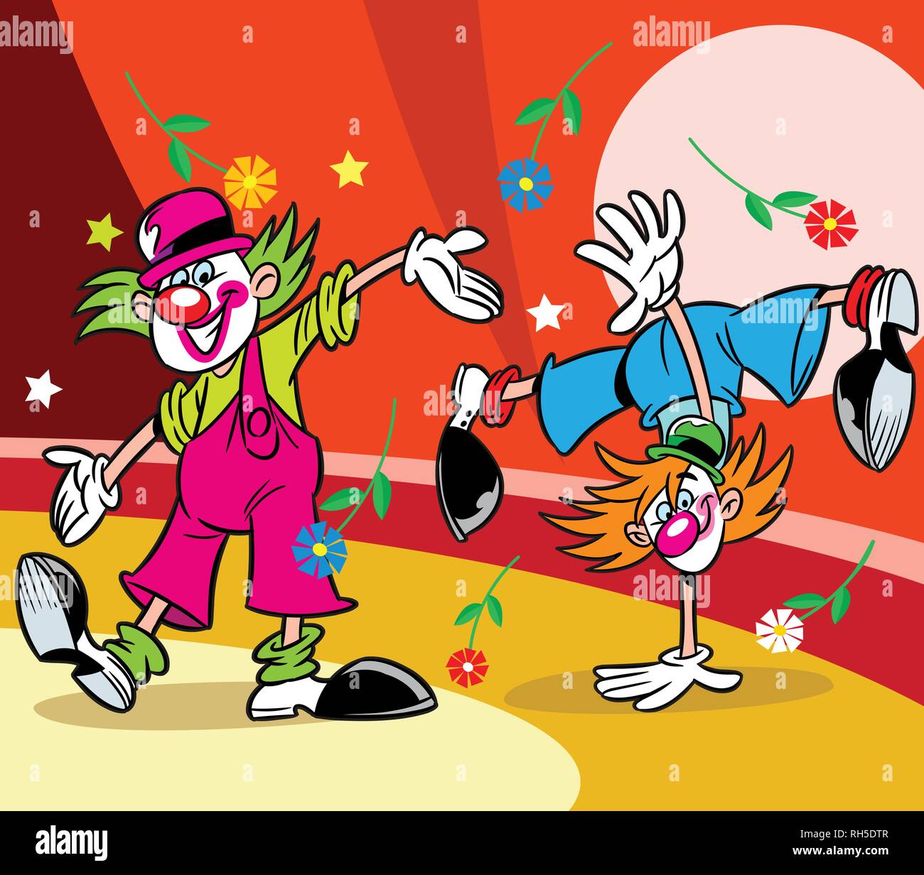 Two funny clowns performs at the circus arena.Illustration done in ...