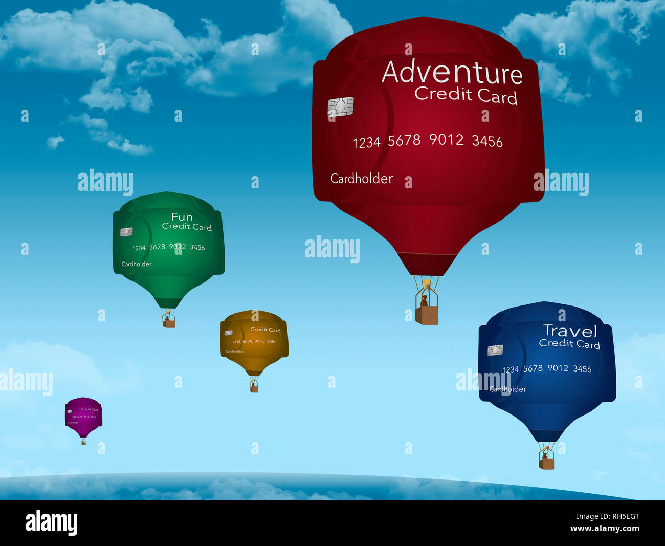 Hot air balloons that look like credit cards illustrate using cards for vacation, fun, travel ...