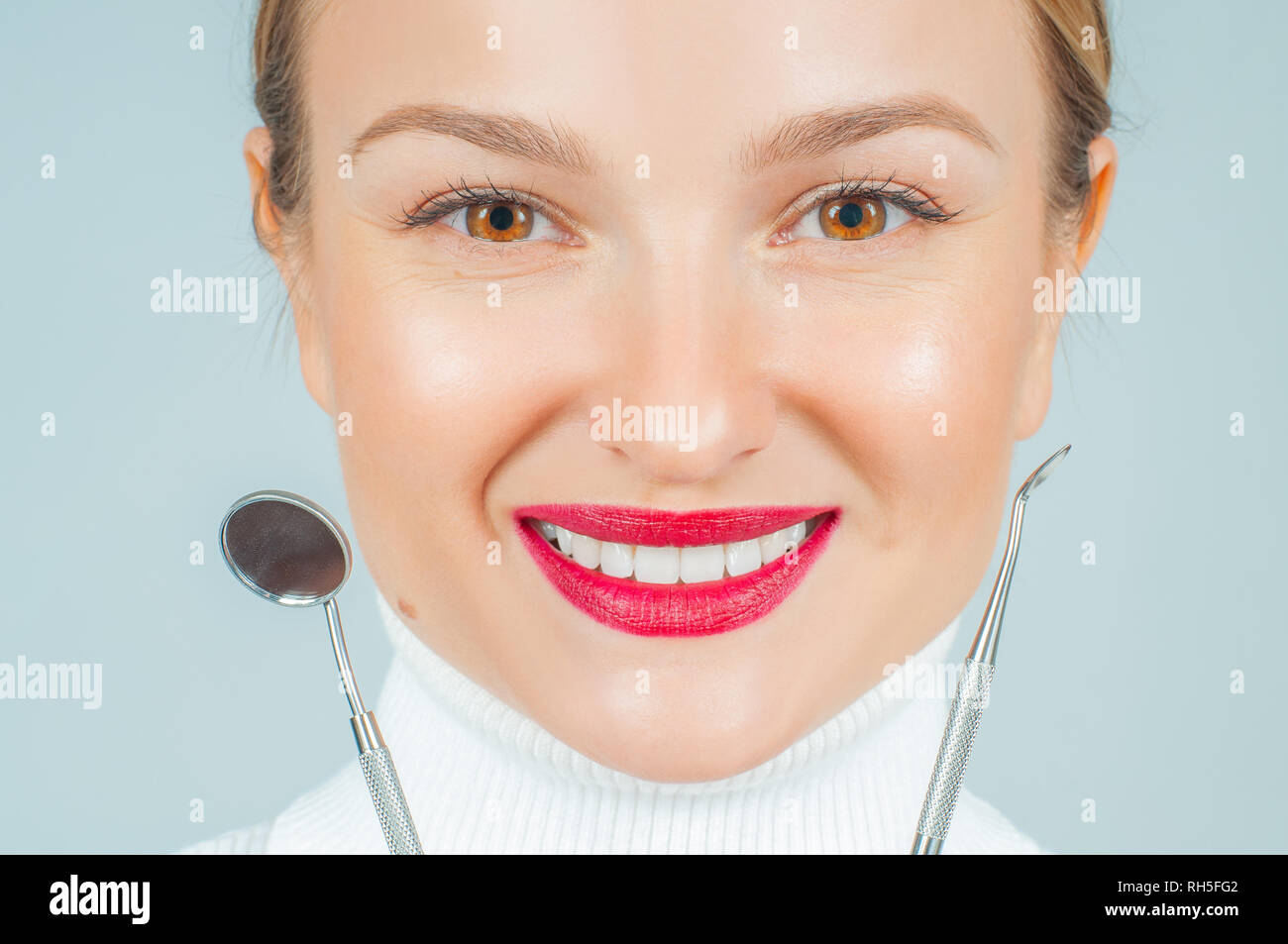 Healthy beautiful female smile. Professional Dentist tools. Whitening ...