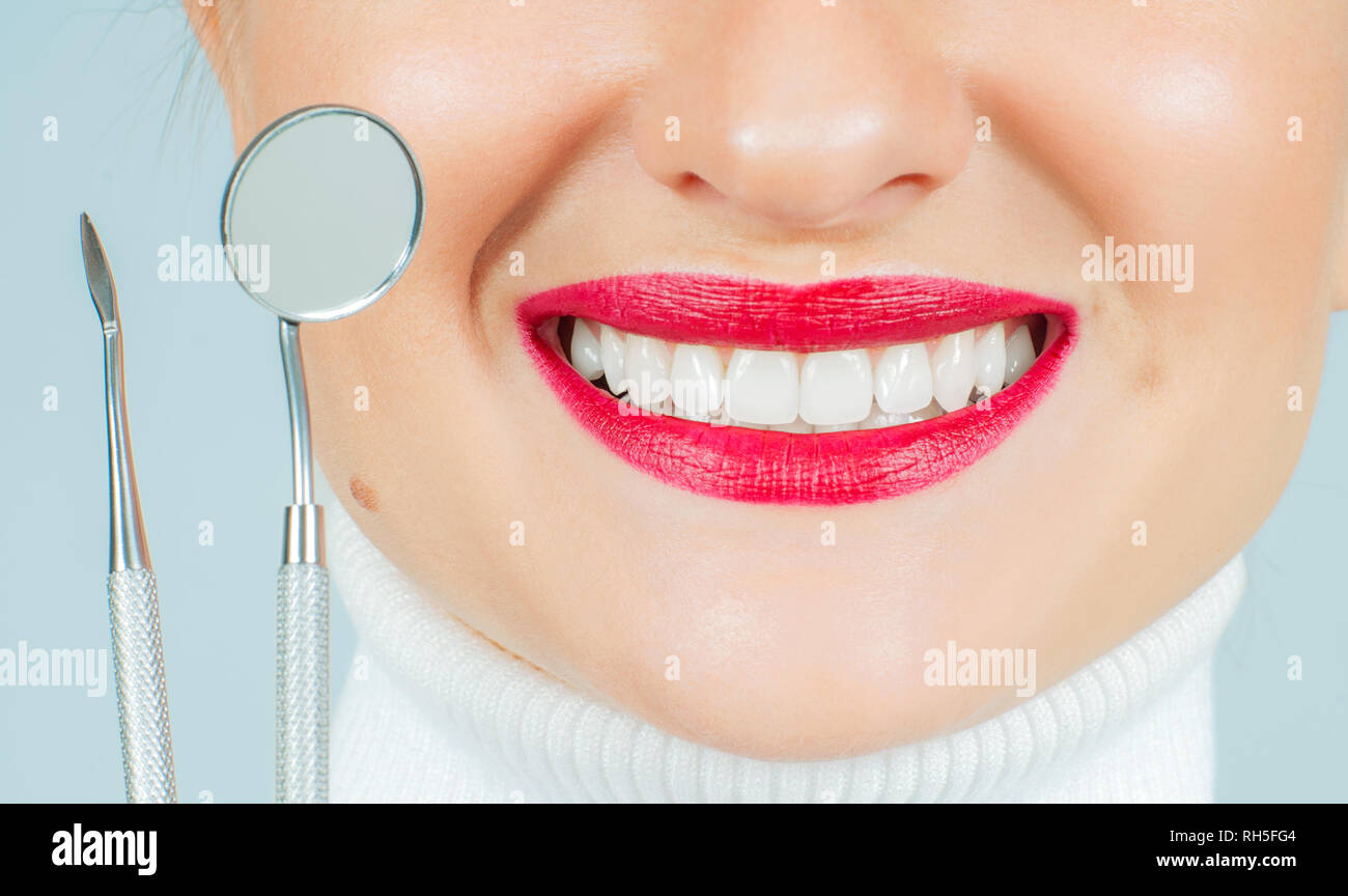 Healthy beautiful female smile. Professional Dentist tools. Whitening ...