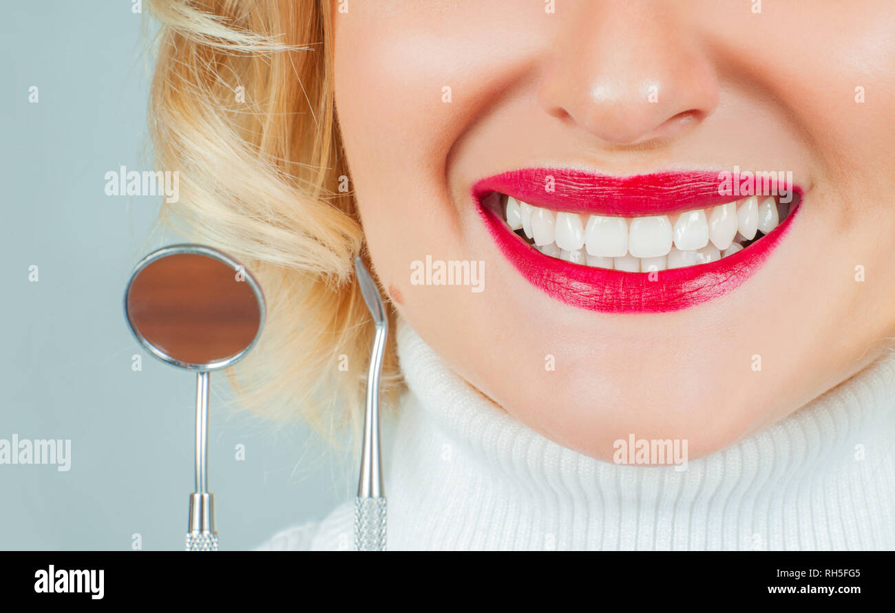Healthy beautiful female smile. Professional Dentist tools. Whitening ...