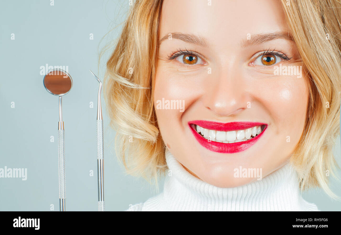 Healthy beautiful female smile. Professional Dentist tools. Whitening ...
