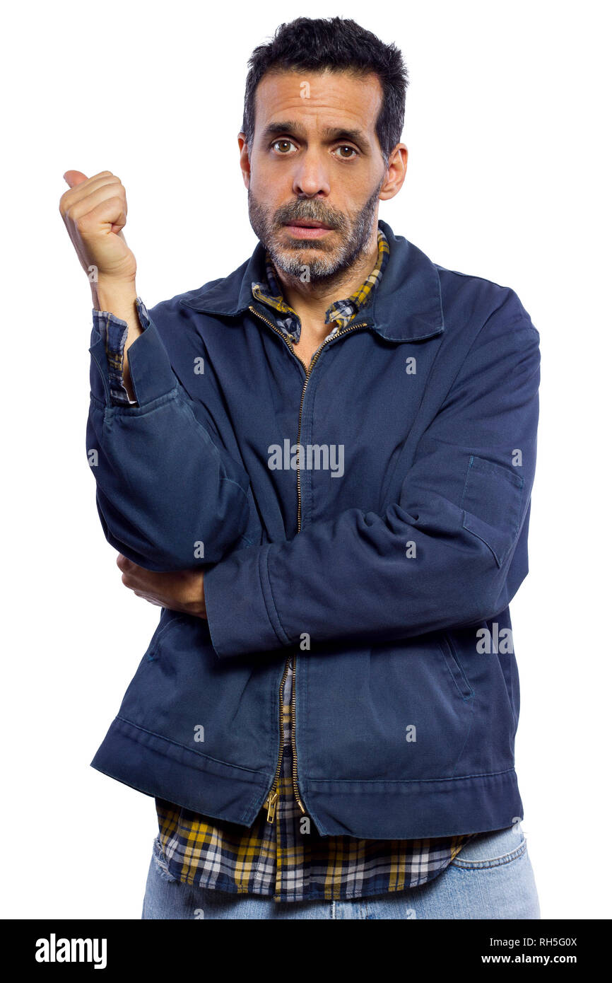 unhappy frustrated or confused male pointing backwards Stock Photo - Alamy