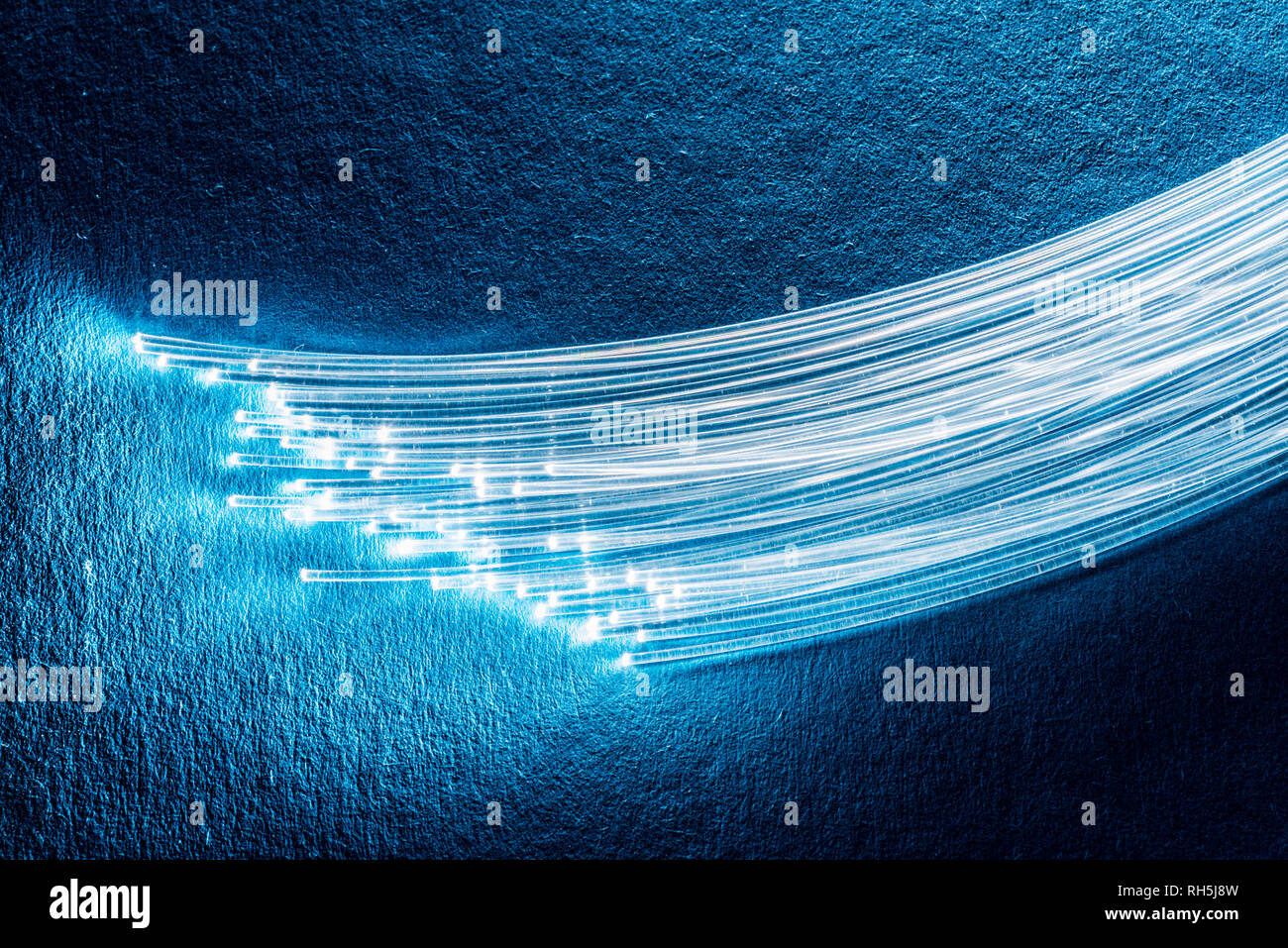 Bundle of optical fibers with lights in the ends. Blue background Stock ...