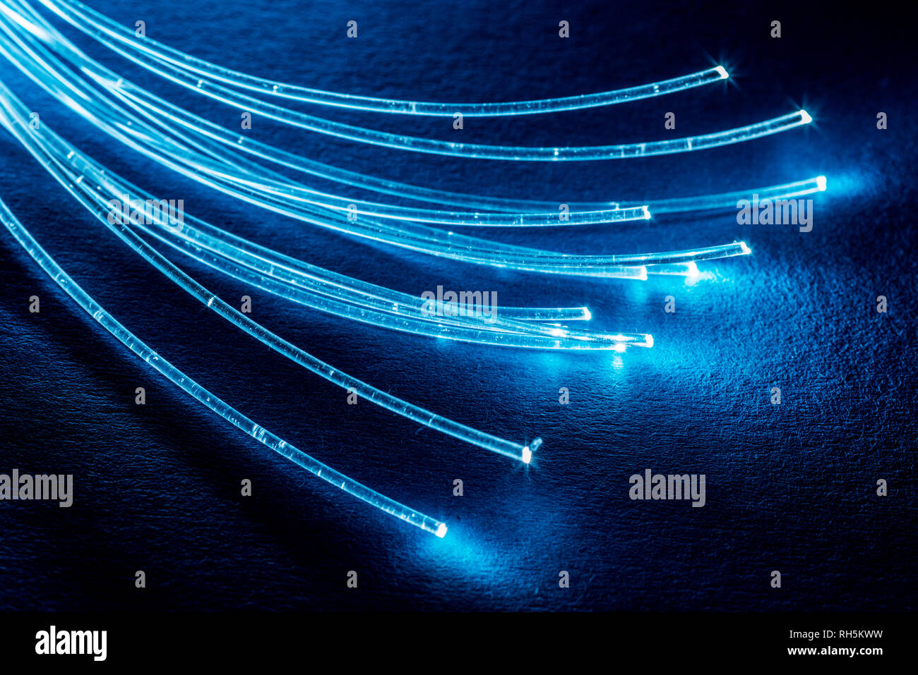 Bundle of optical fibers with lights in the ends. Blue background Stock ...