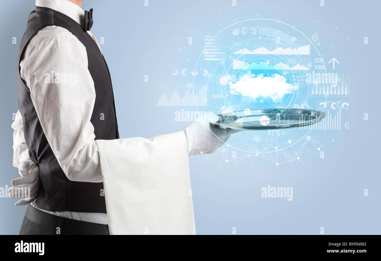 Elegant young waiter serving cloud technology concept Stock Photo - Alamy