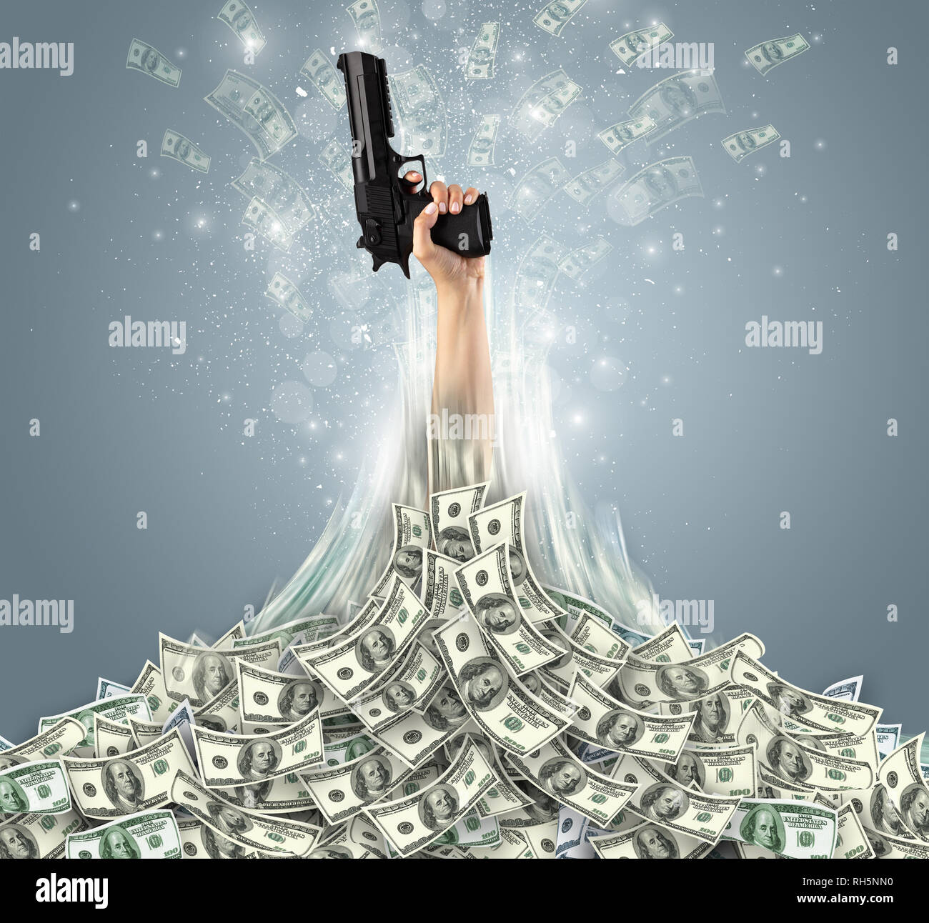 Hand bursting out from a huge money pile Stock Photo - Alamy