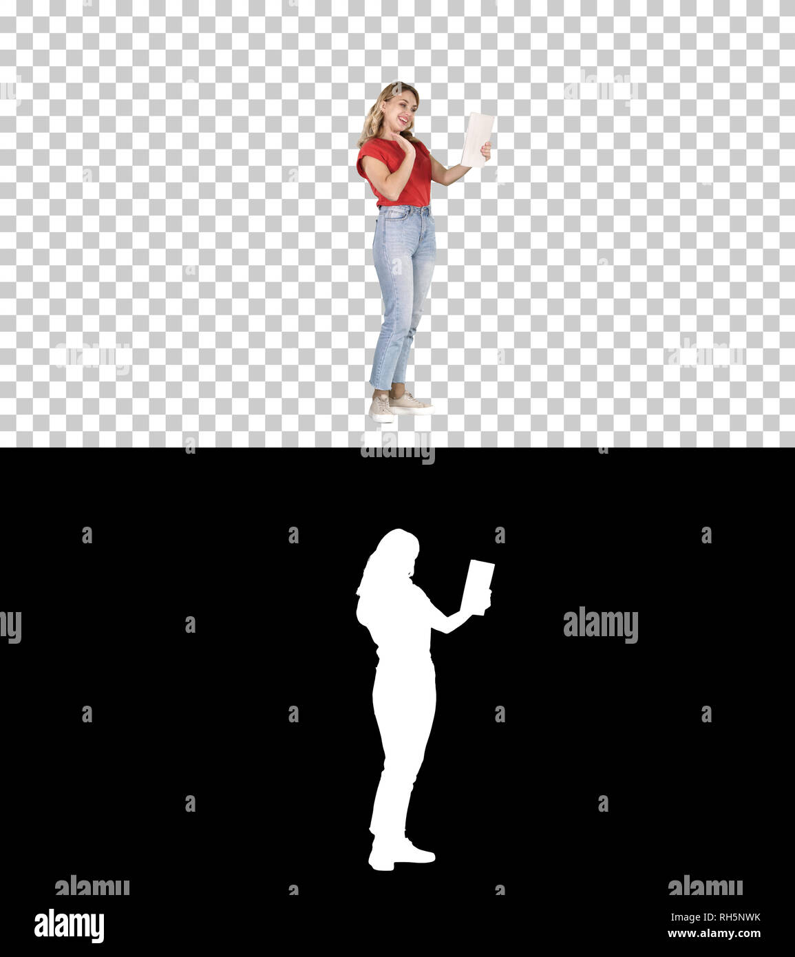 Beautiful woman making video call with tablet, Alpha Channel Stock ...