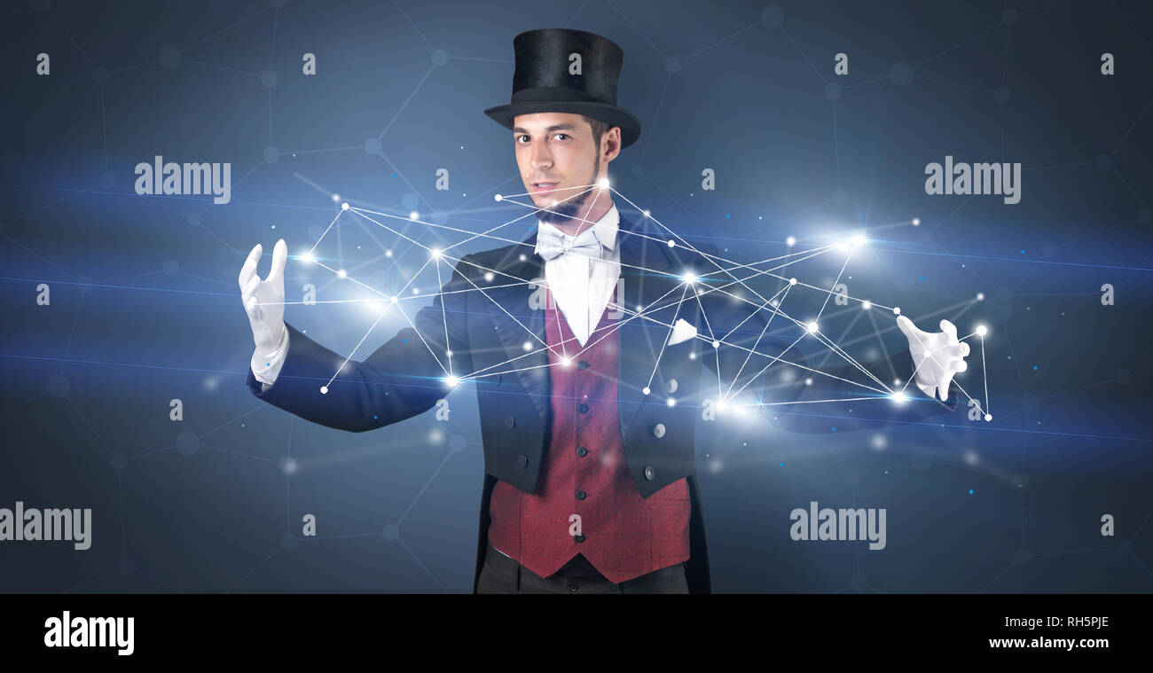 Magician with blue background and geometrical connection between two ...